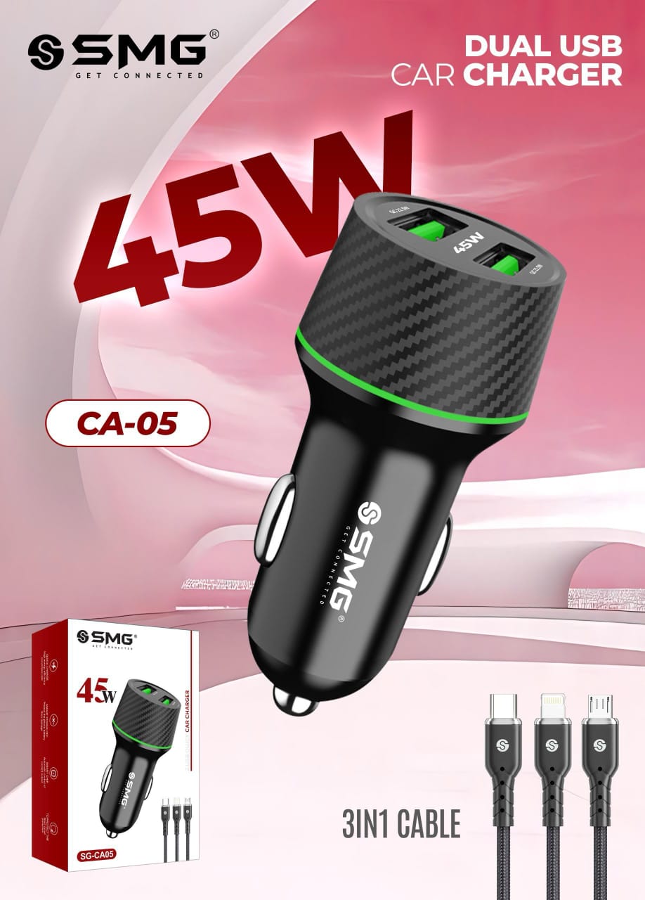 SMG CA-05 45W Dual USB Car Charger With 3in1 Cable – pretina